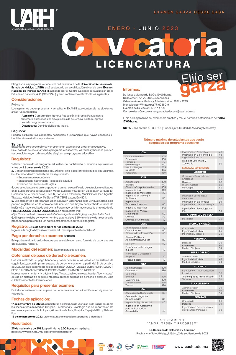 Boletín :: Emite UAEH convocatoria de ingreso a licenciatura y posgrado